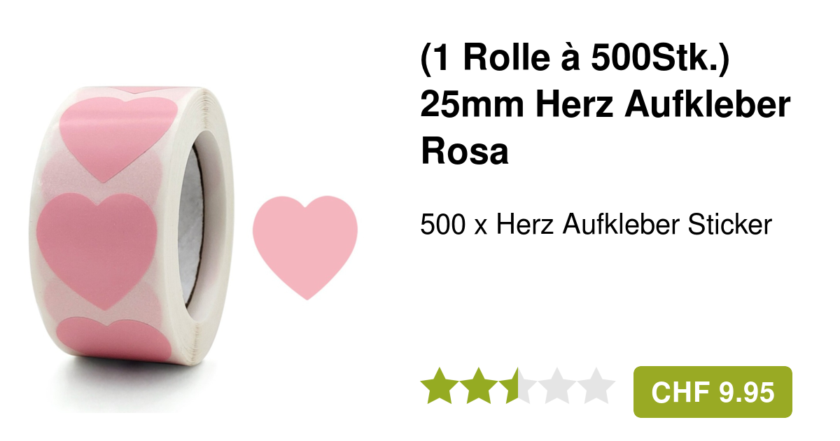 (1 Rolle à 500Stk.) 25mm Herz Aufkleber Rosa