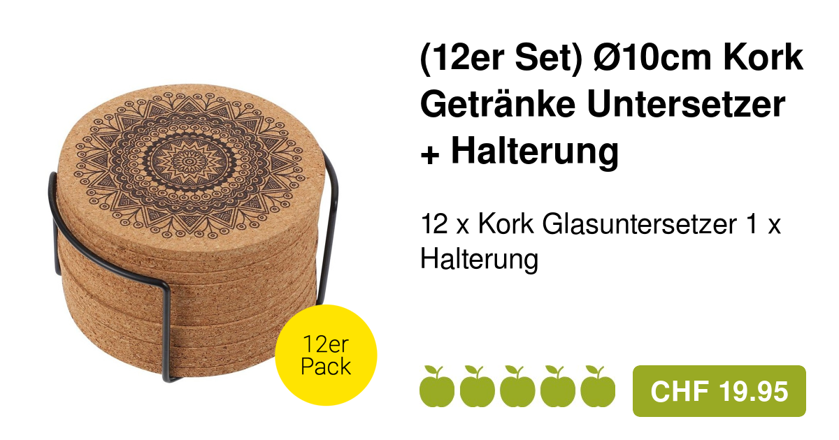 12er Set Ø10cm Kork Getränke Untersetzer + Halterung