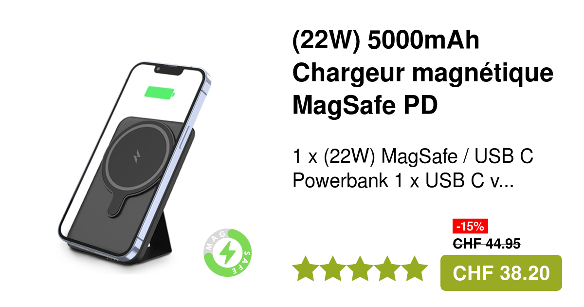 (22W) 5000mAh Chargeur magnétique MagSafe Noir