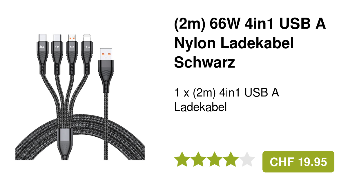 2m 66W 4in1 USB A Nylon Fast Charge Ladekabel Schwarz