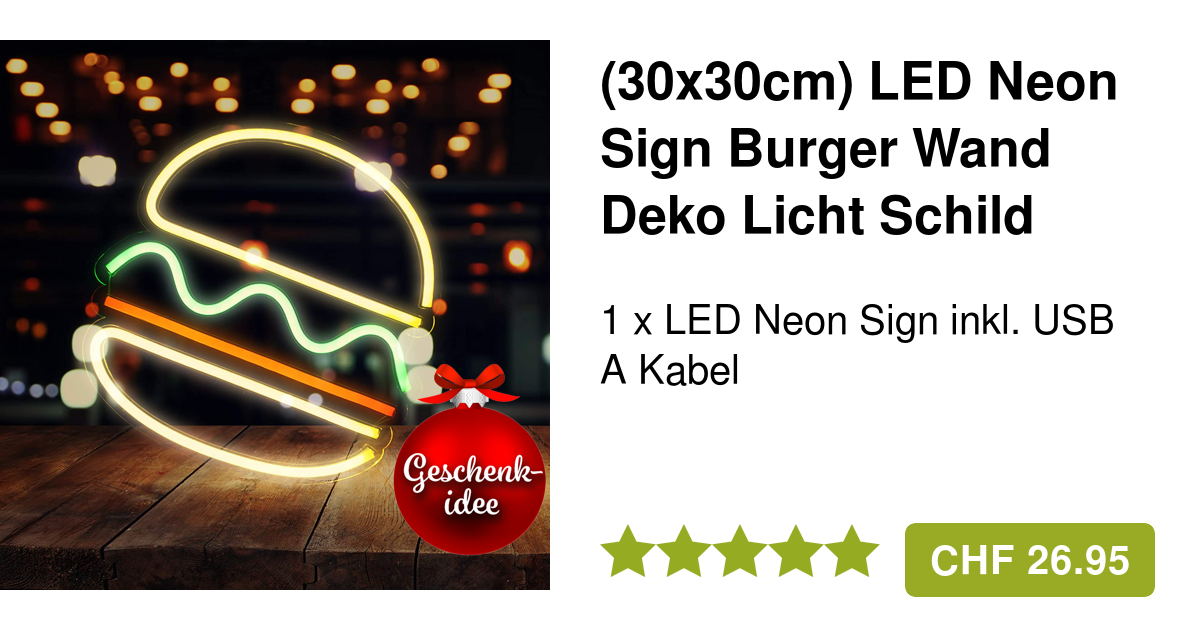 30x30cm LED Neon Sign Burger Wand Deko Party Licht