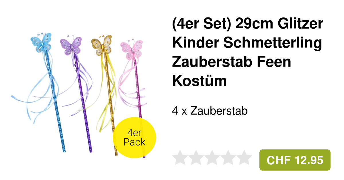 4er Set 29cm Glitzer Kinder Schmetterling Zauberstab