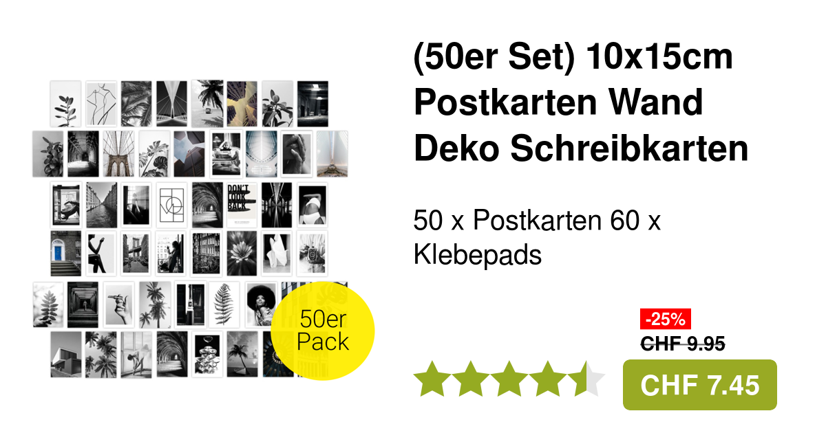 (50er Set) Postkarten Wand Deko Schwarz / Weiss