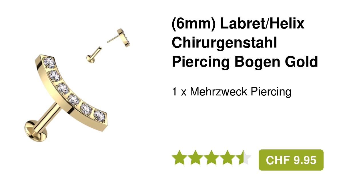 6mm Labret/Helix Piercing Bogen Strass Stein Gold