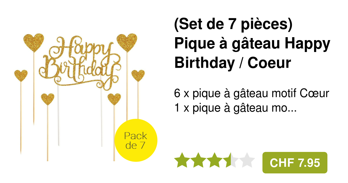 (Set de 7) Pique à gâteau Happy Birthday/Cœur Or