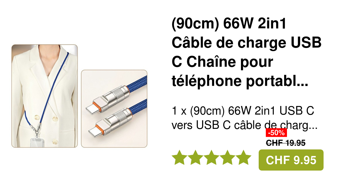 90cm 66W Câble de charge USB C Necklace Câble de données bleu