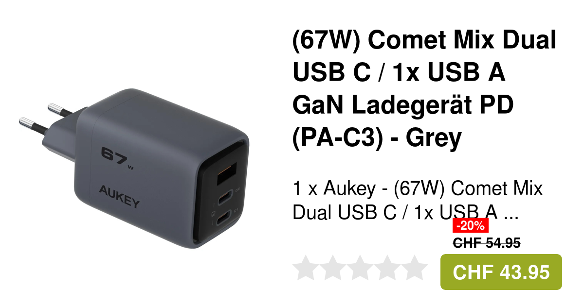 Aukey 67W Comet Mix Dual USB C / 1x USB A Ladegerät