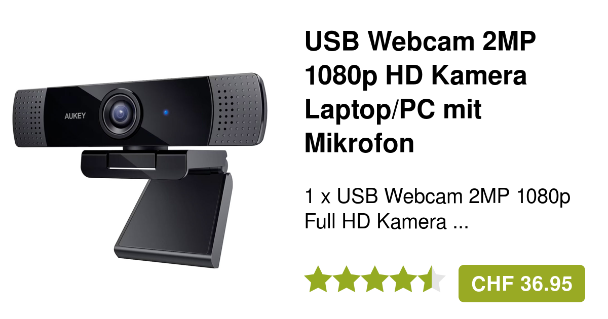 Aukey - USB Webcam 2MP 1080p Full HD Kamera Schwarz