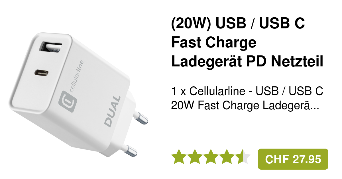 Cellularline USB / USB C 20W Fast Charge Ladegerät PD