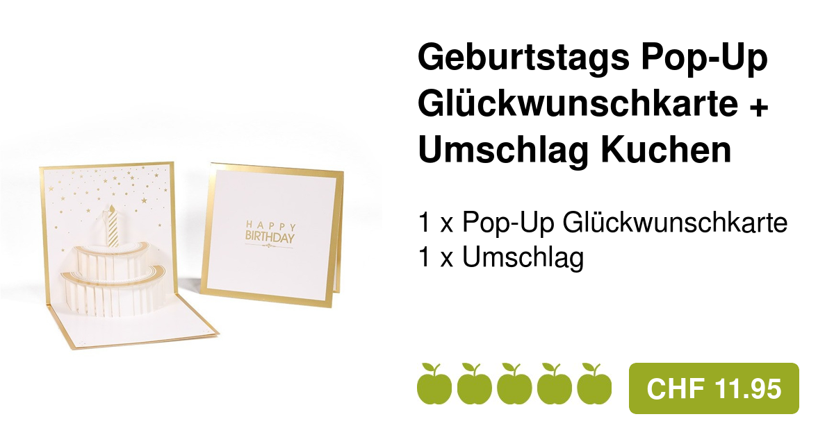 Happy Birthday Pop-Up Karte + Umschlag Weiss / Gold