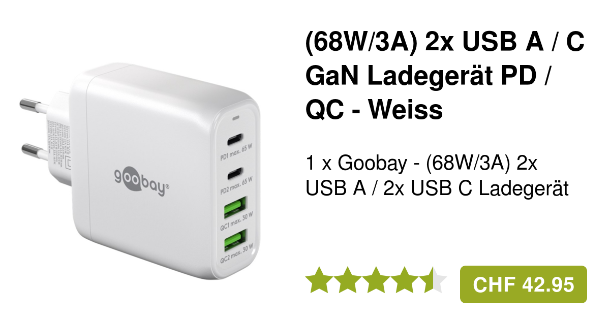 Goobay (68W/3A) USB A / USB C GaN Ladegerät Weiss