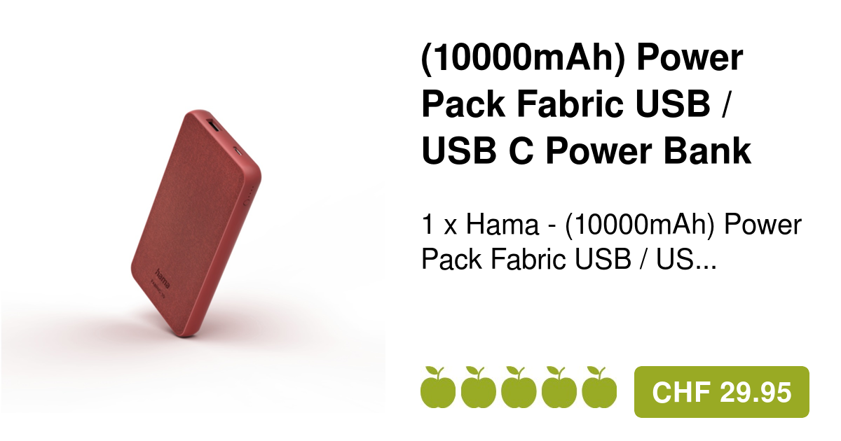 Hama - Power Pack Fabric USB / USB C Powerbank Red