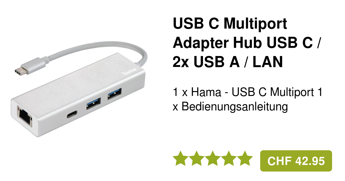 Hama USB C Multiport Adapter Hub USB A/LAN in Silber