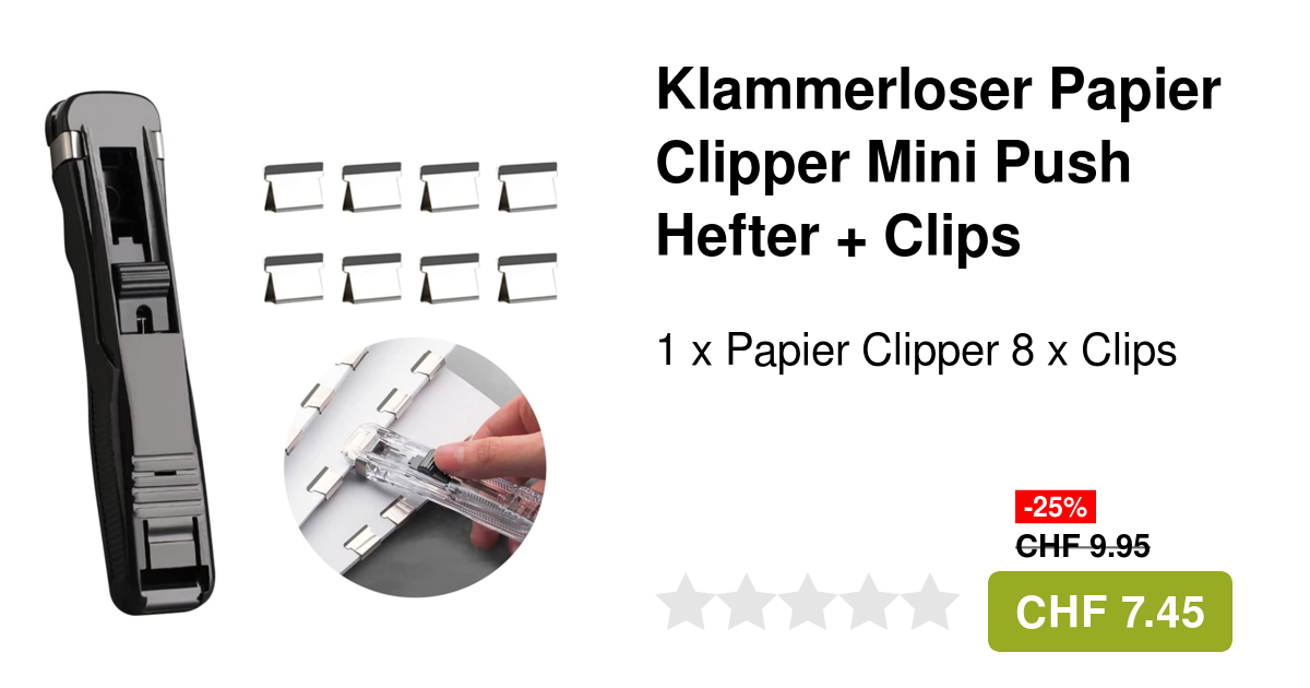 Klammerloser Papier Clipper Mini Push Hefter + Clips