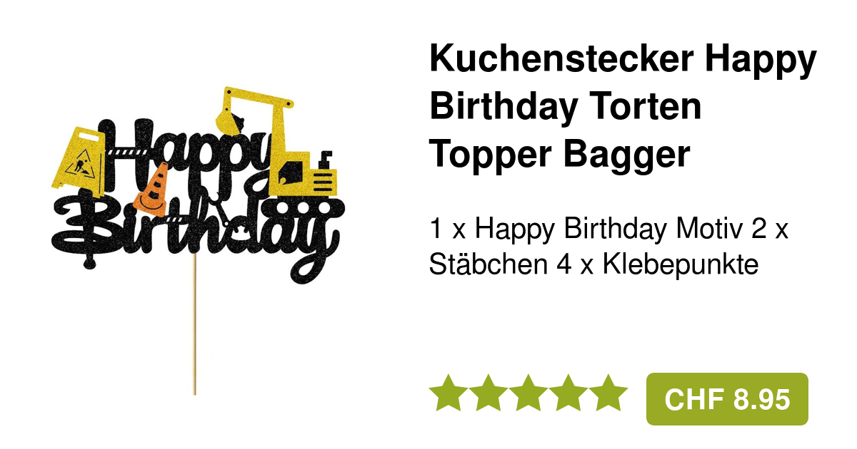 Kuchenstecker Happy Birthday Bagger Schwarz / Gold