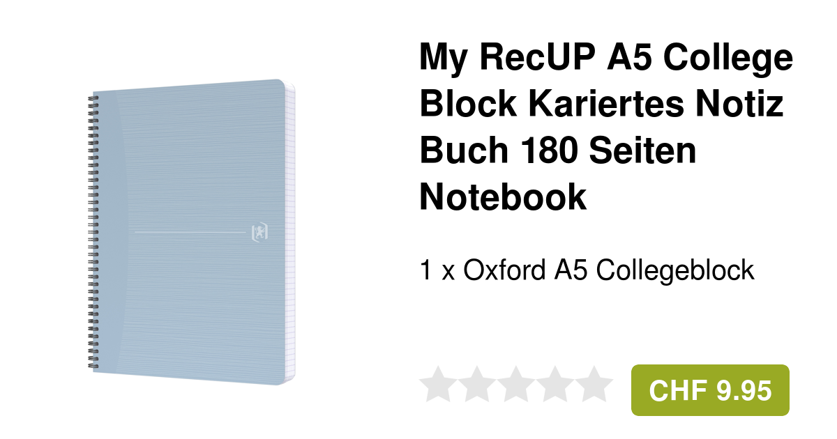 Oxford My RecUP A5 College Block Kariertes Notebook