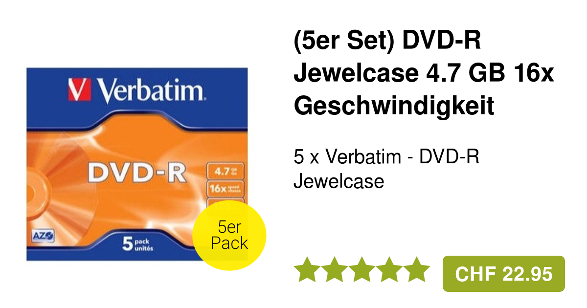 (5er Set) DVD-R Jewelcase 4.7 GB 16x Geschwindigkeit