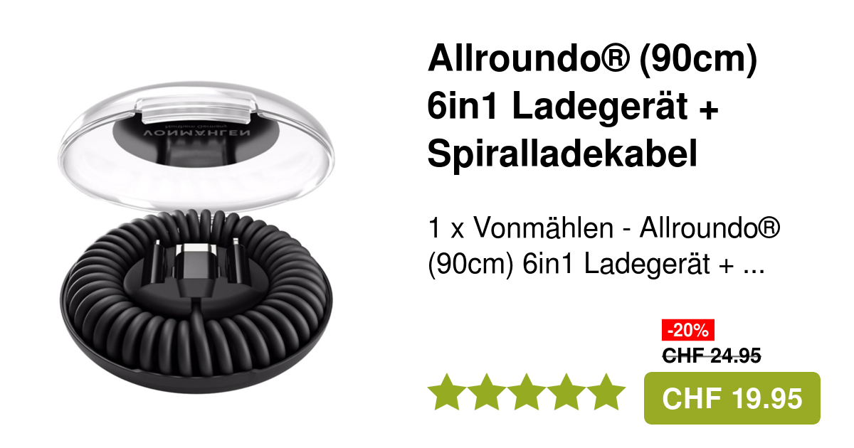 Allroundo® (90cm) Chargeur 6en1 + câble spiralé Noir