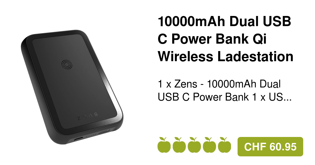 Zens 10000mAh Dual USB C Power Bank Qi Wireless Station